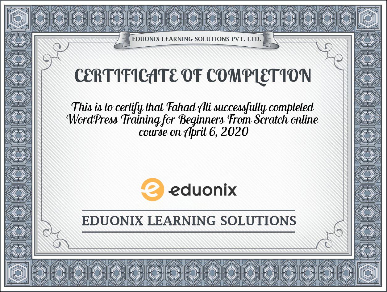Completion certificate for WordPress Training for Beginners From Scratch