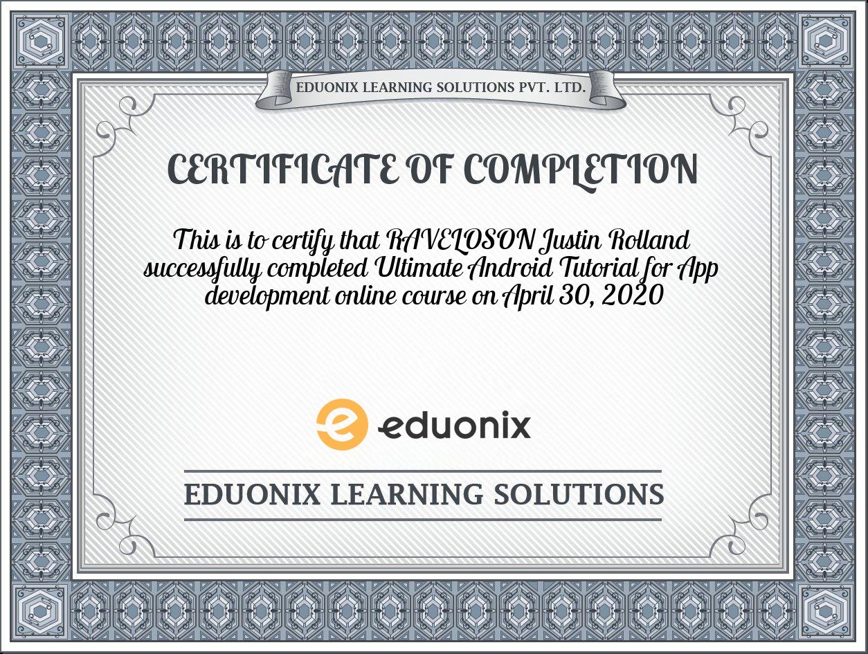 Completion certificate for Ultimate Android Tutorial for App development