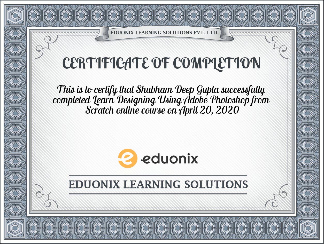 Completion certificate for Learn Designing Using Adobe Photoshop from ...