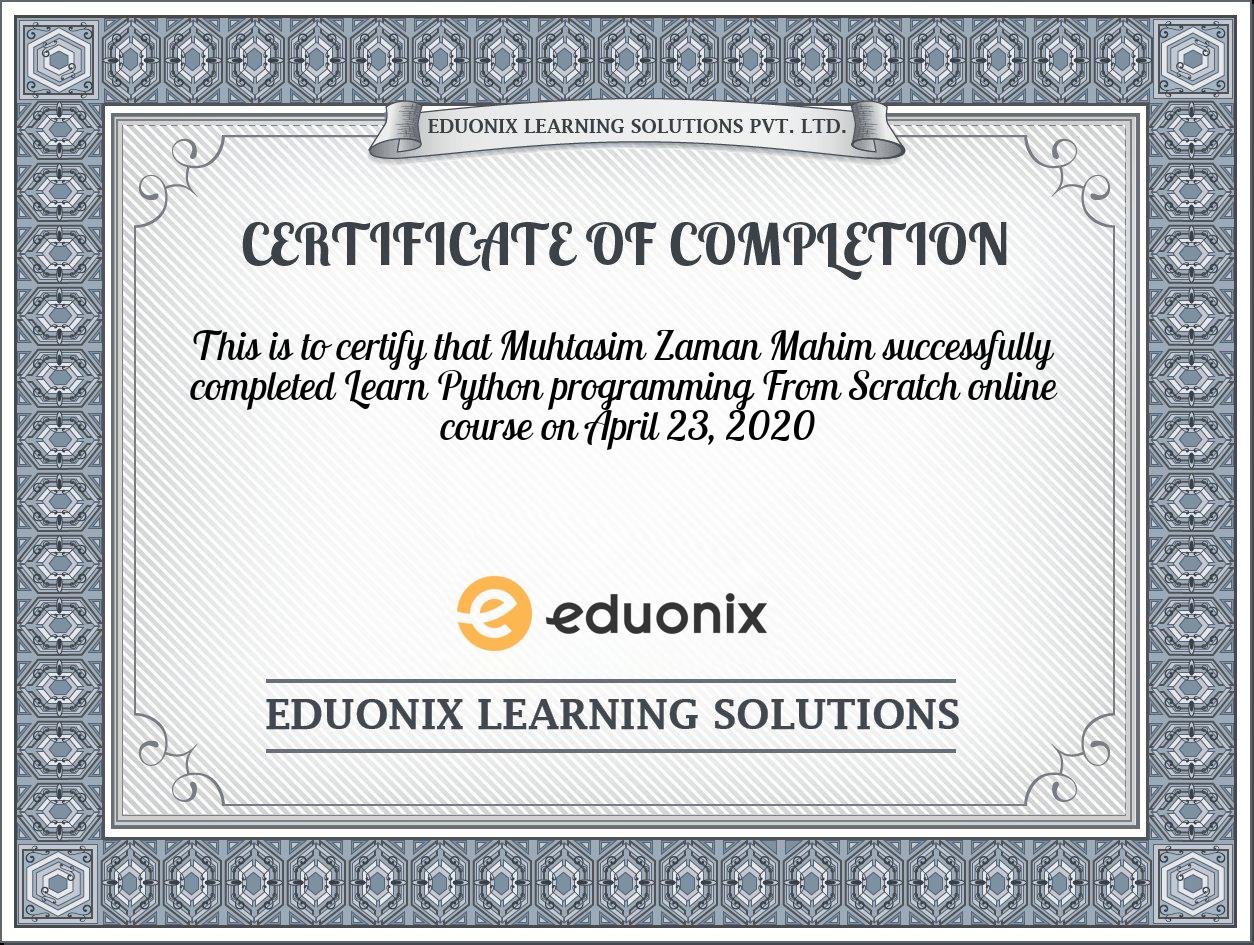 Completion certificate for Learn Python programming From Scratch
