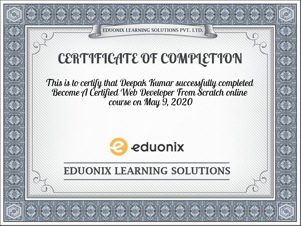 Completion certificate for Become A Certified Web Developer From Scratch