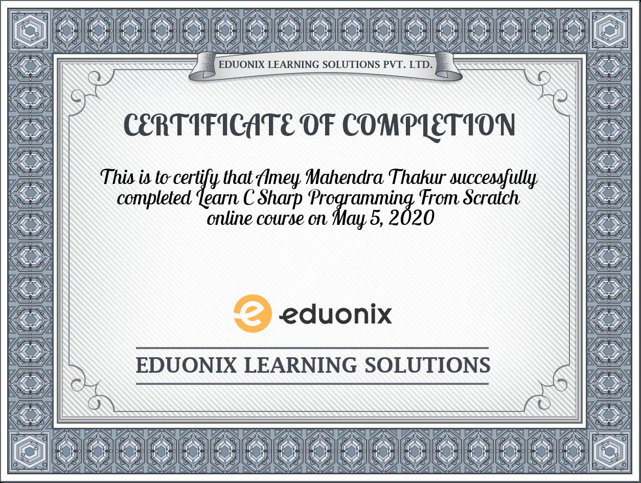 Completion certificate for Learn C Sharp Programming From Scratch