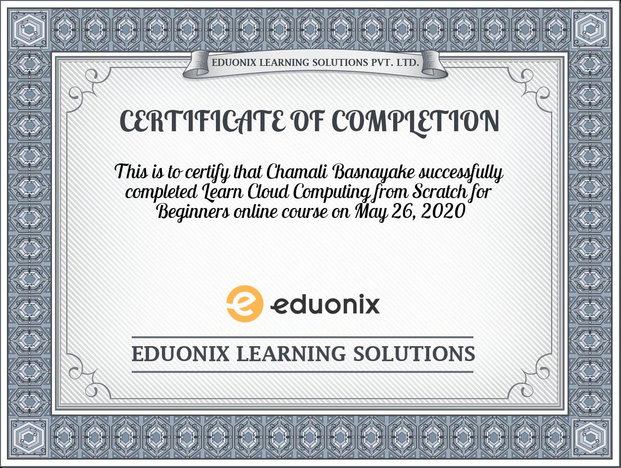 Completion certificate for Learn Cloud Computing from Scratch for Beginners