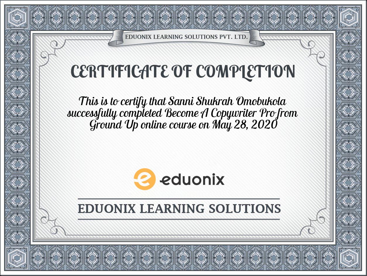Completion certificate for Become A Copywriter Pro from Ground Up