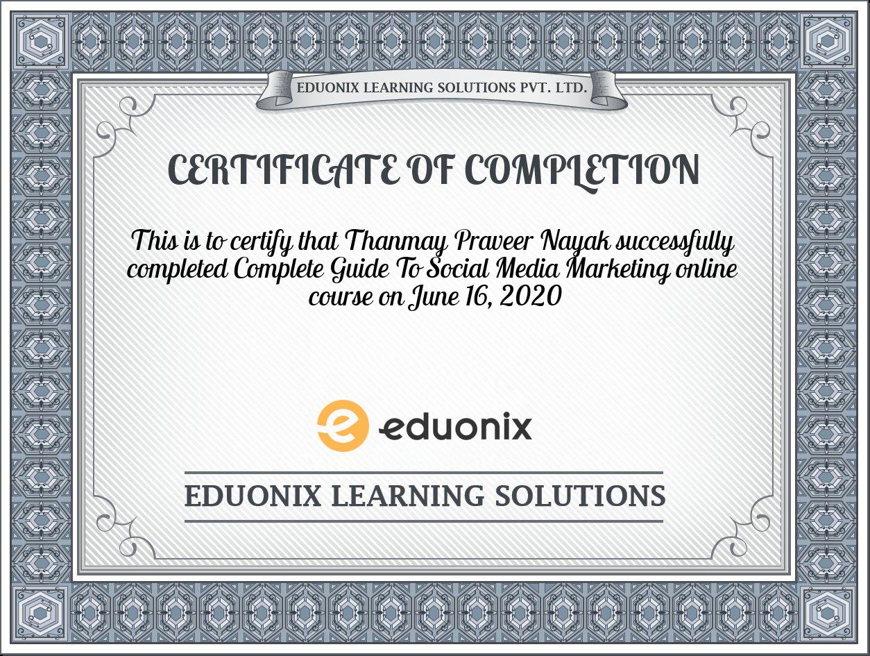 Completion certificate for Complete Guide To Social Media Marketing