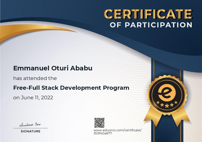Completion certificate for Free-Full Stack Development Program