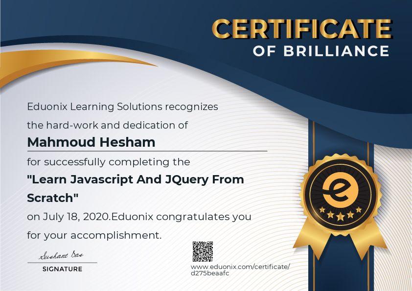 Completion certificate for Learn Javascript And JQuery From Scratch