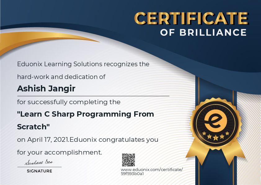 Completion certificate for Learn C Sharp Programming From Scratch