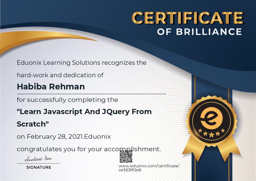 Completion certificate for Learn Javascript And JQuery From Scratch