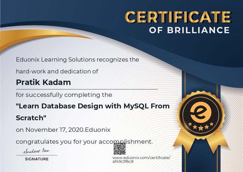 Completion certificate for Learn Database Design with MySQL From Scratch