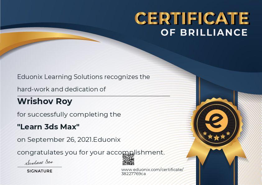 Completion certificate for Learn 3ds Max