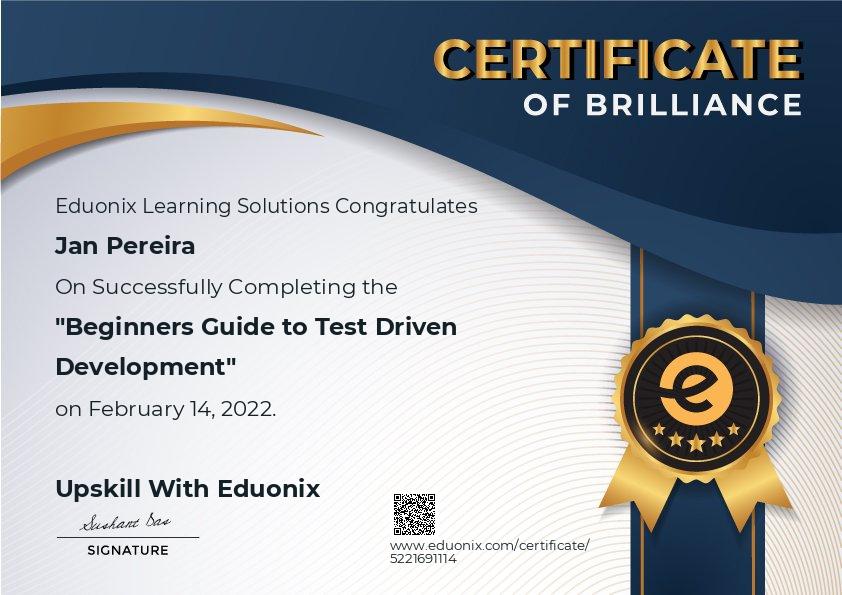 Completion certificate for Beginners Guide to Test Driven Development