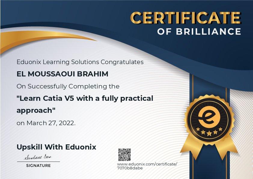 Completion certificate for Learn Catia V5 with a fully practical approach