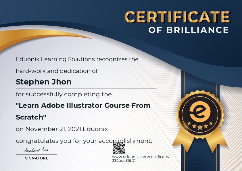 Completion certificate for Learn Adobe Illustrator Course From Scratch