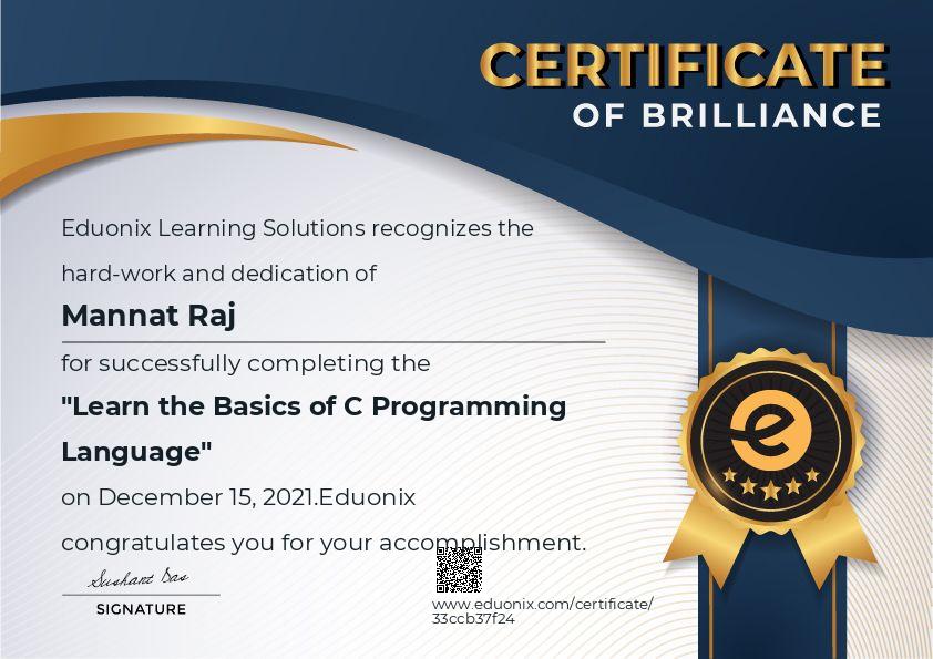 Completion certificate for Learn the Basics of C Programming Language