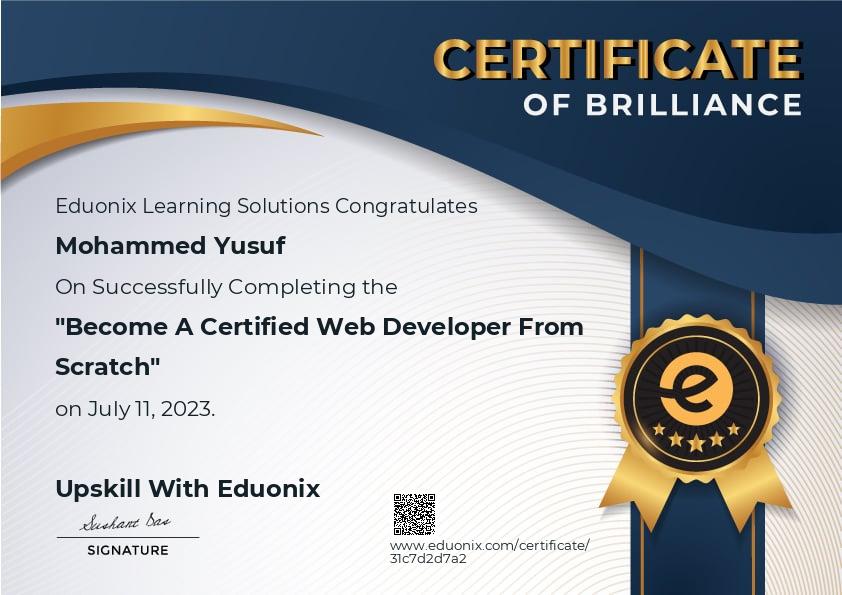 Completion certificate for Become A Certified Web Developer From Scratch