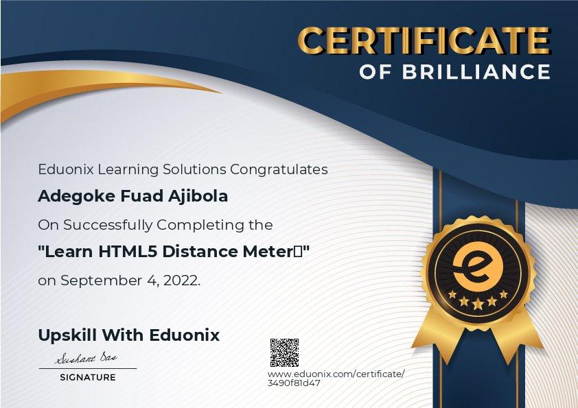 Completion certificate for Learn HTML5 Distance Meter